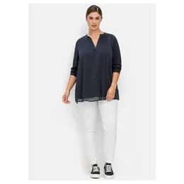 Longbluse sheego, Damen, Gr. 56, blau (nachtblau), 100% Polyester, unifarben, V-Ausschnitt, Blusen Longbluse