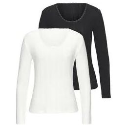 Langarmshirt Vivance, Damen, Gr. 44/46, schwarz-wei&szlig; (schwarz, creme), Obermaterial: 100% Baumwolle, unifarben, k&ouml;rpernah, Rundhals, Shirts Langarmshirt, aus feiner Pointelle-Ware mit Spitze, reine Baumwolle