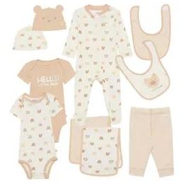 Neugeborenen-Geschenkset HUGGIES BABYWEAR "HGHN 10PC GIFT BOX SET", M&auml;dchen, Gr. 1 (56/68), granola, Jersey, Obermaterial: 100% Baumwolle, gemustert, gestreift, Basic, KOB Set-Artikel, mit B&auml;rchenmotiven