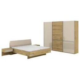 Schlafzimmer-Set Musterring "Savona, Kleiderschrank, Bett & Nachtkommoden, teilmassiv Bianco-Eiche", braun, Schrank 250cm Breit / 236cm Hoch + ohne Matratze, B/H: 180cm x 200cm, Schrank 250cm Breit / 236cm Hoch, Floatglas, Hartfaserplatte, Holz teilmassiv, Holzwerkstoff, Massivholz, Spanplatte, Schlafzimmerm&ouml;bel-Sets, Kopfteil Kunstleder Champagner, Schrank mit Eiche- und Glast&uuml;ren