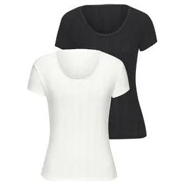 T-Shirt Vivance, Damen, Gr. 40/42, schwarz-wei&szlig; (schwarz, creme), Strick, Obermaterial: 100% Baumwolle, unifarben, k&ouml;rpernah, Rundhals, Shirts T-Shirt, aus feiner Pointelle-Ware mit Spitze, reine Baumwolle