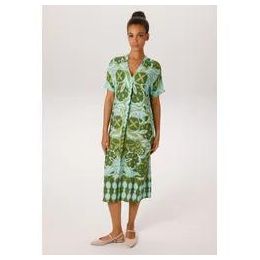 Sommerkleid Aniston CASUAL, Damen, Gr. 48, N-Gr, t&uuml;rkis, oliv, moosgr&uuml;n, Web, Obermaterial: 100% Viskose, bedruckt, gebl&uuml;mt, gemustert, figurumspielend kniebedeckend, V-Ausschnitt, Kleider Sommerkleid, mit extravagantem, grafischen Druck, Topseller