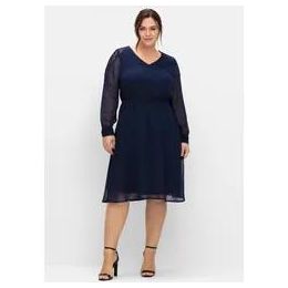 Cocktailkleid sheego "Cocktailkleid", Damen, Gr. 52, Normalgr&ouml;&szlig;en, blau (marine), 100% Polyester, unifarben, knielang, V-Ausschnitt, Kleider
