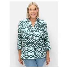 Longbluse sheego, Damen, Gr. 50, blau (petrol, gemustert), 100% Viskose, bedruckt, gemustert, mehrfarbig, V-Ausschnitt, Blusen Longbluse