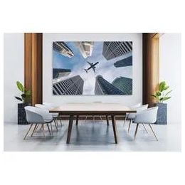 XXL-Wandbild queence "Akustikbild Flugzeug Wolkenkratzer", blau (farbe bild(er): blau), B:90cm H:60cm T:2,5cm, Polyester, Bilder, Einfache Akustikl&ouml;sung ohne Bauma&szlig;nahme, Schalld&auml;mmung, Paneele
