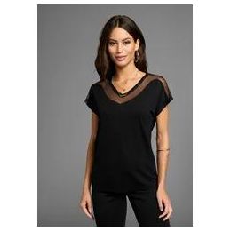 T-Shirt Laura Scott, Damen, Gr. 40/42, schwarz, Jersey, Obermaterial: 95% Viskose, 5% Elasthan. Netz: 100% Polyester, Mesh, unifarben, figurumspielend h&uuml;ftlang, V-Ausschnitt, Shirts T-Shirt, mit Mesh-Einsatz