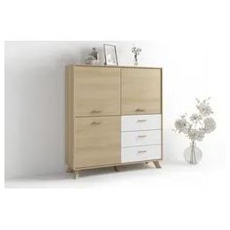 Highboard ByLiving "Bastian", eiche bianco, B:120cm H:131cm T:36,5cm, FSC-zertifizierter Holzwerkstoff, Massivholz, Sideboards, Highboard, mit massiven Holzf&uuml;&szlig;en und Griffen, nat&uuml;rlicher Eichenlook, 120cm