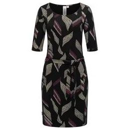 Jerseykleid Ragwear "Kenisha Print", Damen, Gr. XS (34), Normalgr&ouml;&szlig;en, schwarz, Material: 67% Polyester, 28% Viskose, 5% Elasthan, figurumspielend knielang, Rundhals, Krempel&auml;rmel abgesteppte Kante krempelbar, Kleider Jerseykleid, Midikleid mit Tailleng&uuml;rtel