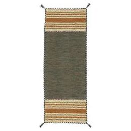 Teppich CarpetFine "Kelim Azizi, auch als L&auml;ufer erh&auml;ltlich", gr&uuml;n, B:80cm H:5mm L:500cm, Baumwolle, Teppiche, Teppich, handgewebt, Baumwolle, Wendeteppich mit Fransen, Fleckerl, Wohnzimmer
