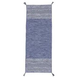 Teppich CarpetFine "Kelim Azizi, auch als L&auml;ufer erh&auml;ltlich", blau, B:80cm H:5mm L:500cm, Baumwolle, Teppiche, Teppich, handgewebt, Baumwolle, Wendeteppich mit Fransen, Fleckerl, Wohnzimmer