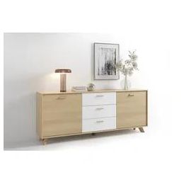 Sideboard ByLiving "Bastian", eiche bianco, B:180cm H:72,5cm T:36,5cm, FSC-zertifizierter Holzwerkstoff, Massivholz, Sideboards, Sideboard, mit massiven Holzf&uuml;&szlig;en und Griffen, nat&uuml;rlicher Eichenlook, 180cm