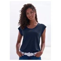 Beach Time Kurzarmshirt BEACHTIME "mit leicht transparenten Streifen", Damen, Gr. 36/38, navy, Obermaterial: 50% Baumwolle, 50% Viskose, gestreift, Basic, bequem normal, tiefer Rundhals, Shirts, aus weicher Baumwoll-Viskose-Qualit&auml;t