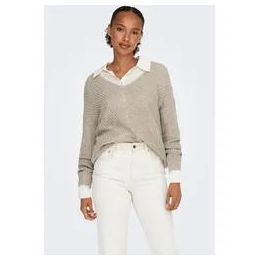 Jacqueline de Yong Strickpullover JDY "JDYNEW MEGAN L/S PULLOVER KNT NOOS", Damen, Gr. XL, beige (cement detail:with schwarz ply), Strick, Obermaterial: 88% Polyacryl, 12% Polyester, unifarben, normal, V-Ausschnitt, Rippb&uuml;ndchen, Pullover Strickpullover, Topseller