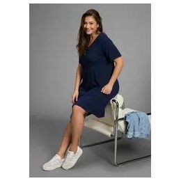 Jerseykleid LAURA SCOTT CURVE, Damen, Gr. 48, N-Gr, navy, Jersey, Obermaterial: 95% Viskose, 5% Elasthan, unifarben, Basic, A-Linie knielang, V-Ausschnitt, abgesteppt, Kleider Jerseykleid, in leicht ausgestellter, flie&szlig;ender Wickelform - GROSSE GR&Ouml;SSE