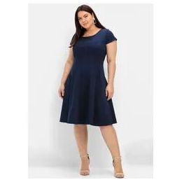 Cocktailkleid sheego "Cocktailkleid", Damen, Gr. 58, Normalgr&ouml;&szlig;en, blau (marine), 97% Baumwolle, 3% Elasthan, unifarben, knielang, Rundhals, Kleider
