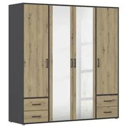 Dreht&uuml;renschrank Rauch "Kleiderschrank Schrank Garderobe W&auml;scheschrank VOYAGER", grau (graumetallic, eiche artisan), B:187cm H:194cm T:53cm, Holzwerkstoff, Schr&auml;nke, Dreht&uuml;renschrank, mit modernen Griffen in Graumetallic, inkl. Schubk&auml;sten und Spiegel
