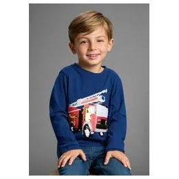 Langarmshirt Kidsworld "Feuerwehr Pailletten Shirt", Jungen, Gr. 140/146, blau, Single Jersey, Obermaterial: 100% Baumwolle, bedruckt, Basic h&uuml;ftlang, Rundhals, Shirts Langarmshirt, Feuerwehr Druck mit Pailletten