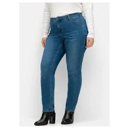 Stretch-Jeans sheego, Damen, Gr. 44, Normalgr&ouml;&szlig;en, blau (blau denim), 99% Baumwolle, 1% Elasthan, unifarben, lang, Jeans