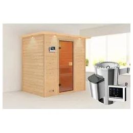 Sauna Karibu "Sunie" mit bronzierter T&uuml;r und Kranz, naturbelassen", beige (naturbelassen), Saunaofen, externe Steuerung, 230 kW, Saunen, aus hochwertiger nordischer Fichte