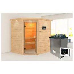 Sauna Karibu "Trixi" mit bronzierter T&uuml;r und Kranz, naturbelassen", beige (naturbelassen), Saunaofen, externe Steuerung, 400 kW, Saunen, aus hochwertiger nordischer Fichte