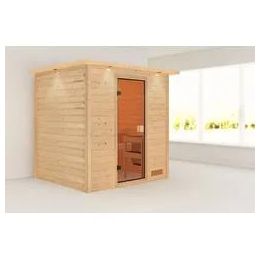 Sauna Karibu "Ricky" mit bronzierter T&uuml;r und Kranz, naturbelassen", beige (naturbelassen), ohne Ofen, ohne Steuerung, (ohne Ofen), Saunen, aus hochwertiger nordischer Fichte. 9 kW Ofen und integr. Steuerung
