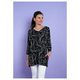 Longshirt Seidel Moden, Damen, Gr. 48, schwarz, Jersey, Obermaterial: 96% Viskose, 4% Elasthan, bedruckt, tailliert Po-bedeckend, V-Ausschnitt, gerader Abschluss, Shirts Longshirt, mit grafischem Print - Seidel Moden