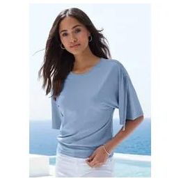 Rundhalsshirt Lascana "mit variabler &Auml;rmell&auml;nge", Damen, Gr. 32/34, blau (hellblau), Single Jersey, Obermaterial: 95% Viskose (LENZINGTM ECOVEROTM), 5% Elasthan, unifarben, bequem, Rundhals, verstellbar, Shirts Rundhalsshirt, aus weichem Viskose-Stretch