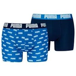 Boxershorts Puma "Puma MEN EVERYDAY LOGO PRINT BOXERS 2P", Herren, Gr. L, blau (bedruckt, navy), Single Jersey, Obermaterial: 95% Baumwolle, 5% Elasthan, bedruckt, unifarben mit Farbeinsatz, k&ouml;rpernah, Unterhosen, 1x uni und 1x allover Logodruck