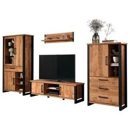 Wohnwand Home Affaire "Elda", mango, schwarz, B:389cm H:195cm T:45cm, Holzwerkstoff, MDF, Metall, Kastenm&ouml;bel-Sets, Wohnwand, Set bestehend aus: TV Lowboard, Vitrine, Wandboard,Highboard