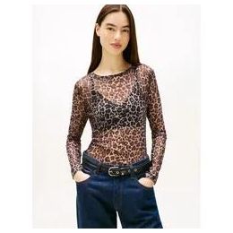 Tommy Hilfiger Langarmshirt TOMMY JEANS "TJW SLIM AOP MESH LS TOP EXT", Damen, Gr. S (36), leopard aop, Single Jersey, Obermaterial: 95% Polyester, 5% sonstige Fasern, bedruckt, slim fit, Rundhals, Shirts Langarmshirt