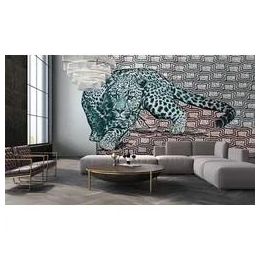 Livingwalls Vliestapete LIVING WALLS "Leoparden-Tapete mit Retro-Muster T&uuml;rkis Braun", grau, B:2,5m H:0,02m L:5m, Vlies, Tapeten