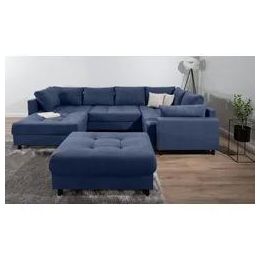 Wohnlandschaft Collection AB "Toni U-Form, B: 298 cm", blau, marine, B:298cm H:44cm T:203cm, 100%Polyester, Sofas, Wohnlandschaft, Set: Sofa & Hocker, 2 Zierkissen, Federkern