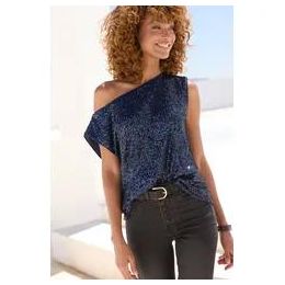 Paillettenshirt Lascana, Damen, Gr. 36/38, blau (dunkelblau), Obermaterial: 95% Polyester, 5% Elasthan. Futter: 100% Polyester, gl&auml;nzend, unifarben, figurumspielend h&uuml;ftlang, Rundhals, Shirts, mit breiten Tr&auml;gern, Partytop, festlich