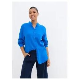 Langarmbluse bonprix "Musselin-Longbluse aus Baumwolle", Damen, Gr. 48, blau (azurblau), Obermaterial: 100% Baumwolle, oversize, Blusen, Oversize-Passform, mit Seitenschlitzen, aus Musselin