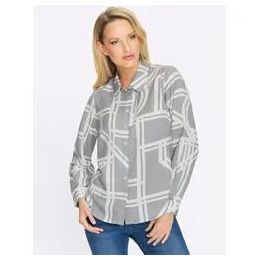 Hemdbluse Heine, Damen, Gr. 38, steingrau, ecru, bedruckt, 100% Polyester, bedruckt, gemustert, mehrfarbig, Rundhals, Blusen Hemdbluse