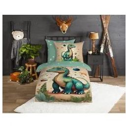 Kinderbettw&auml;sche Good Morning "Milo", sand, B/L: 135cm x 200cm, 1 Stk., 1 Stk., Flanell, B/L: 80cm x 80cm, 2 Stk., Flanell, Obermaterial: 100% Baumwolle, Bettw&auml;sche, Flanell Biber, 135x200, Warm, Rei&szlig;verschluss, Wende, Kind, Junge, Dino