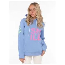 Hoodie Zwillingsherz "Alissa", Damen, Gr. L/XL (L/XL), blau (hellblau), Sweatware, Obermaterial: 50% Baumwolle, 50% Polyester, unifarben, normal h&uuml;ftlang, hoch geschlossener Ausschnitt, B&uuml;ndchen, Sweatshirts Hoodie, Langarm, Kapuze, Neon-Details, Kordelzug, Frontprint, K&auml;ngurutasche, Topseller