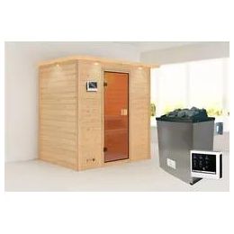 Sauna Karibu "Sunie" mit bronzierter T&uuml;r und Kranz, naturbelassen, mit Ofen 9 kW", beige (naturbelassen), Saunaofen, externe Steuerung, 400 kW, Saunen, aus hochwertiger nordischer Fichte