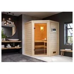 Sauna Karibu "Anni" mit bronzierter T&uuml;r SET, naturbelassen, mit Ofen 9 kW", beige (naturbelassen), Saunaofen, externe Steuerung, 400 kW, Saunen, aus hochwertiger nordischer Fichte