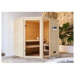 Sauna Karibu "Josie" mit bronzierter T&uuml;r, naturbelassen", beige (naturbelassen), Saunaofen, externe Steuerung, 400 kW, Saunen, aus hochwertiger nordischer Fichte