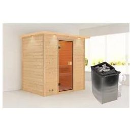 Sauna Karibu "Sunie" mit bronzierter T&uuml;r und Kranz, naturbelassen, mit Ofen 9 kW", beige (naturbelassen), Saunaofen, integrierte Steuerung, 400 kW, Saunen, aus hochwertiger nordischer Fichte