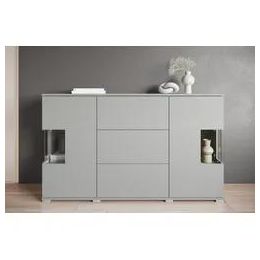 Sideboard OTTO HOME "Kenia", grau (pallad grau), B:150cm H:89cm T:39,5cm, FSC-zertifizierter Holzwerkstoff, Glas, Hartfaserplatte, Kunststoff, Sideboards, Sideboard, Sideboard mit 3 Schubladen, 6 F&auml;chern, Glast&uuml;ren, Breite 150 cm