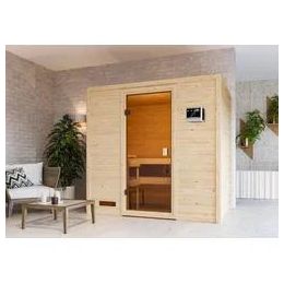 Sauna Karibu "Sunie" mit bronzierter T&uuml;r SET, naturbelassen, mit Ofen 9 kW", beige (naturbelassen), Saunaofen, externe Steuerung, 400 kW, Saunen, aus hochwertiger nordischer Fichte