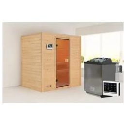 Sauna Karibu "Sunie" mit bronzierter T&uuml;r SET, naturbelassen, mit Ofen 9 kW", beige (naturbelassen), Bio-Kombiofen, externe Steuerung, 400 kW, Saunen, aus hochwertiger nordischer Fichte