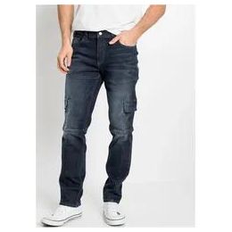 Cargojeans bonprix "Slim Fit Cargo-Stretch-Jeans, Straight", Herren, Gr. 50, N-Gr, blau (dunkelblau denim used), Obermaterial: 98% Baumwolle, 2% Elasthan, slim fit, Jeans, Slim Fit, aus Baumwolle und Elasthan, mit gewaschener Optik