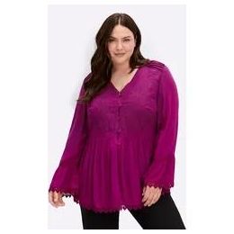 Longbluse sheego BY JOE BROWNS, Damen, Gr. 42, magenta, 100% Viskose, Spitze:100% Baumwolle, unifarben, V-Ausschnitt, Blusen Longbluse