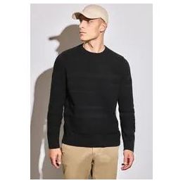 Rundhalspullover Street One MEN, Herren, Gr. L42, schwarz, Web, 100% Baumwolle, unifarben, normal normal, Rundhals, Rippb&uuml;ndchen, Pullover Rundhalspullover, aus reiner Baumwolle