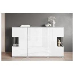 Sideboard OTTO HOME "Kenia", wei&szlig; (betonoptik, wei&szlig; hochglanz), B:150cm H:89cm T:39,5cm, FSC-zertifizierter Holzwerkstoff, Glas, Hartfaserplatte, Kunststoff, Sideboards, Sideboard, Sideboard mit 3 Schubladen, 6 F&auml;chern, Glast&uuml;ren, Breite 150 cm