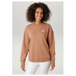 Sweatshirt Aniston CASUAL, Damen, Gr. 40, braun, pink, angeraute Sweatware, Obermaterial: 80% Baumwolle, 20% Polyester, bedruckt, beschichtet, l&auml;ssig geschnitten h&uuml;ftbedeckend, Rundhals, Rippb&uuml;ndchen, Sweatshirts Sweatshirt, hinten mit Applikationen, Stickerei und Schriftz&uuml;gen