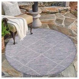 Outdoorteppich Carpet City "PALM3075", blau (blau, pink), H:5mm &Oslash;:160cm, Polypropylen, Teppiche, Outdoorteppich, Wetterfest & UV-best&auml;ndig, f&uuml;r Balkon, Terrasse, K&uuml;che, flach gewebt